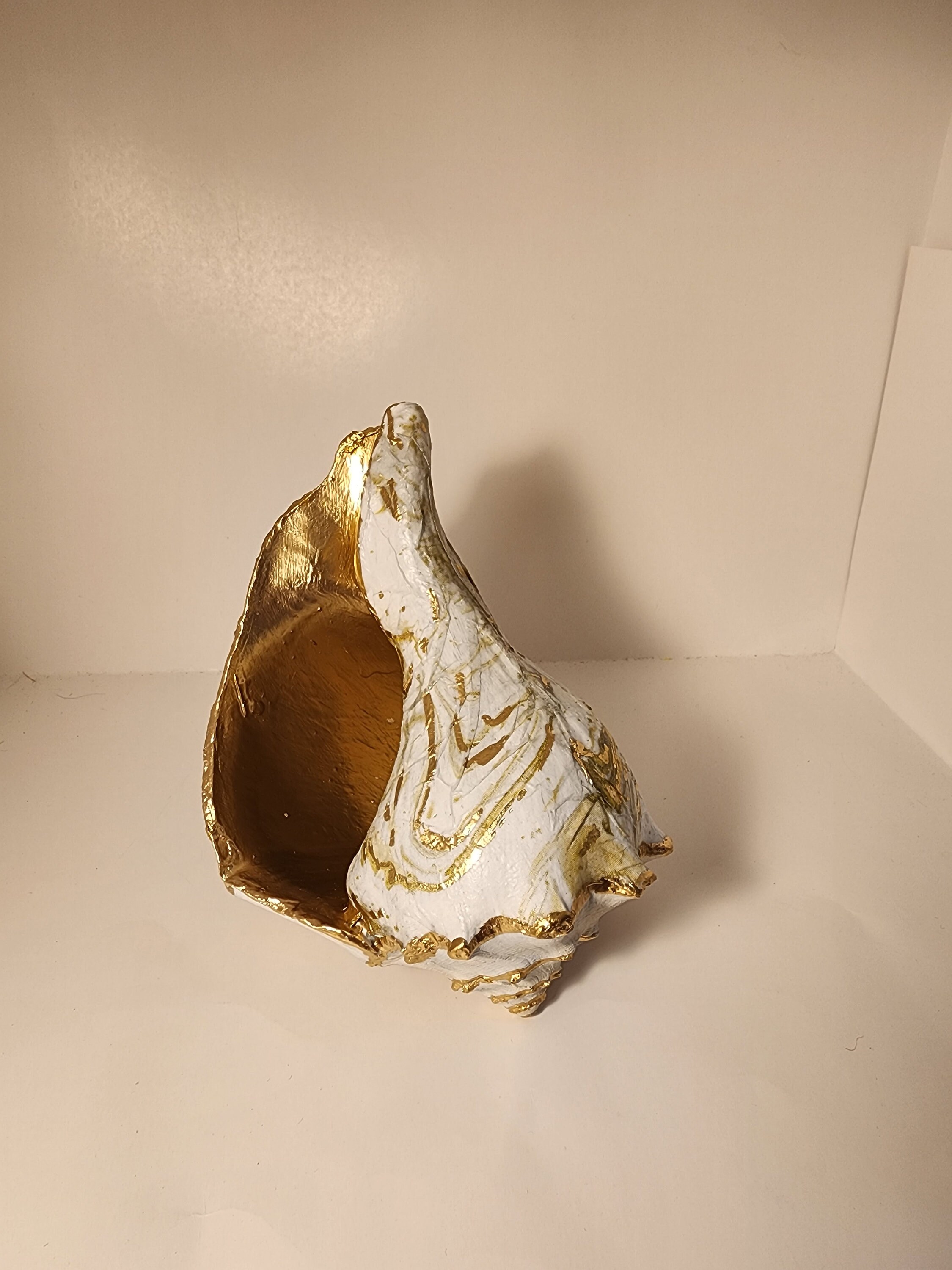 Decoupage Whelk Shell With Gold Trim, Handmade Coastal Decor, Tabletop ...