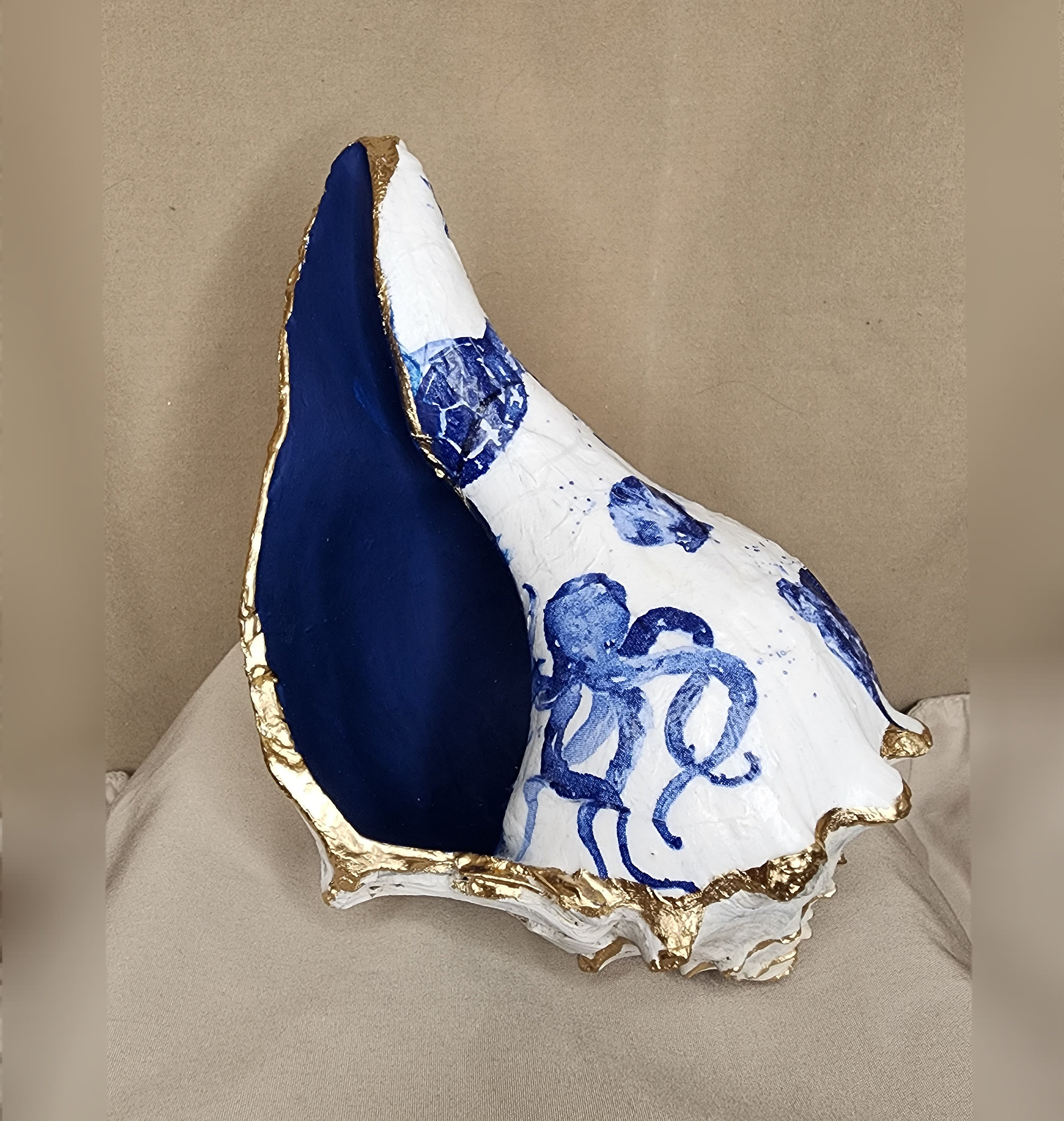 Decoupage Whelk Shell With Gold Trim, Handmade Coastal Decor, Tabletop ...