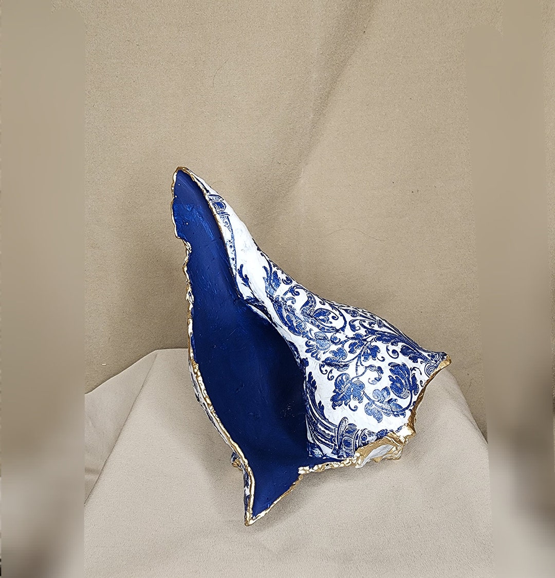 Decoupage Whelk Shell With Gold Trim, Handmade Coastal Decor, Tabletop ...
