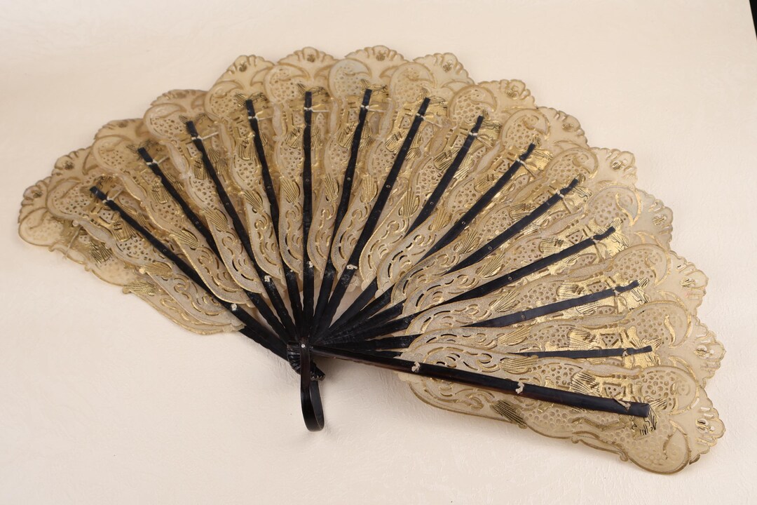 Vintage Folding Hand Fan Pierced Panels Wayang Style Gold Decoration 30 ...