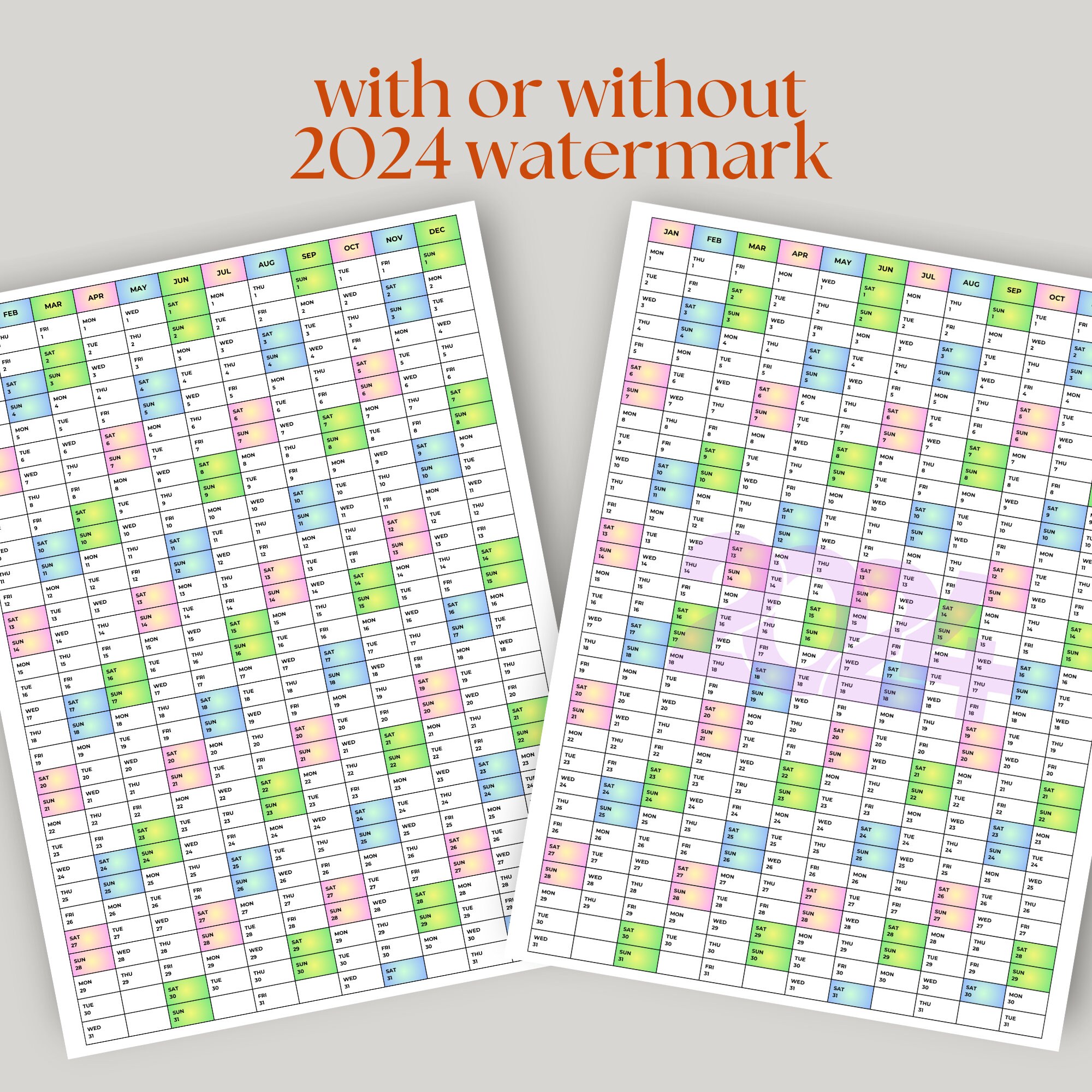 Wall Calendar 2024 Printable 2024 at Glance Weekends Marked Print in a ...