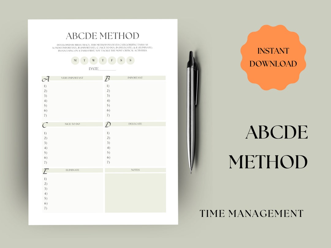 Time Management Method, ABCDE Method, Digital Printable, Effective Time ...