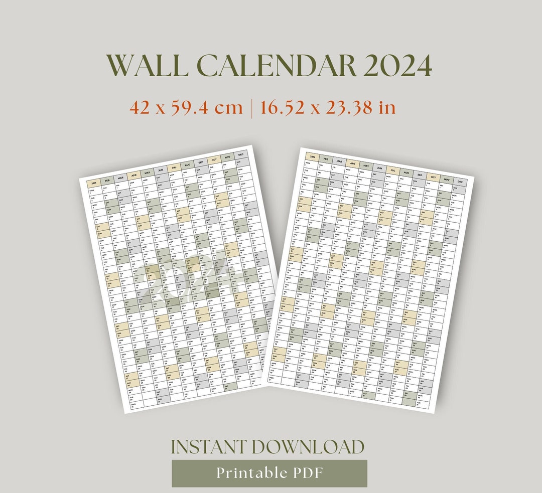 Wall Calendar 2024 Printable 2024 at Glance Weekends Marked Print in a ...