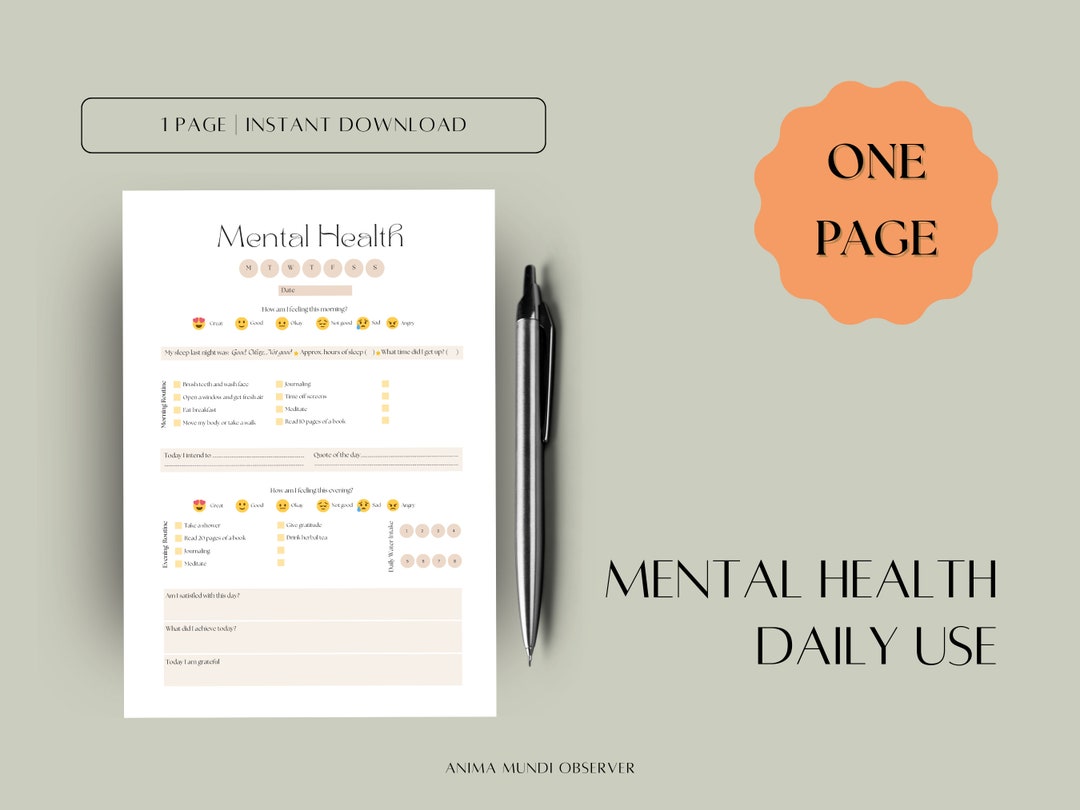 Mental Health Planner – Digital Printable – One-page Printable – Mood ...