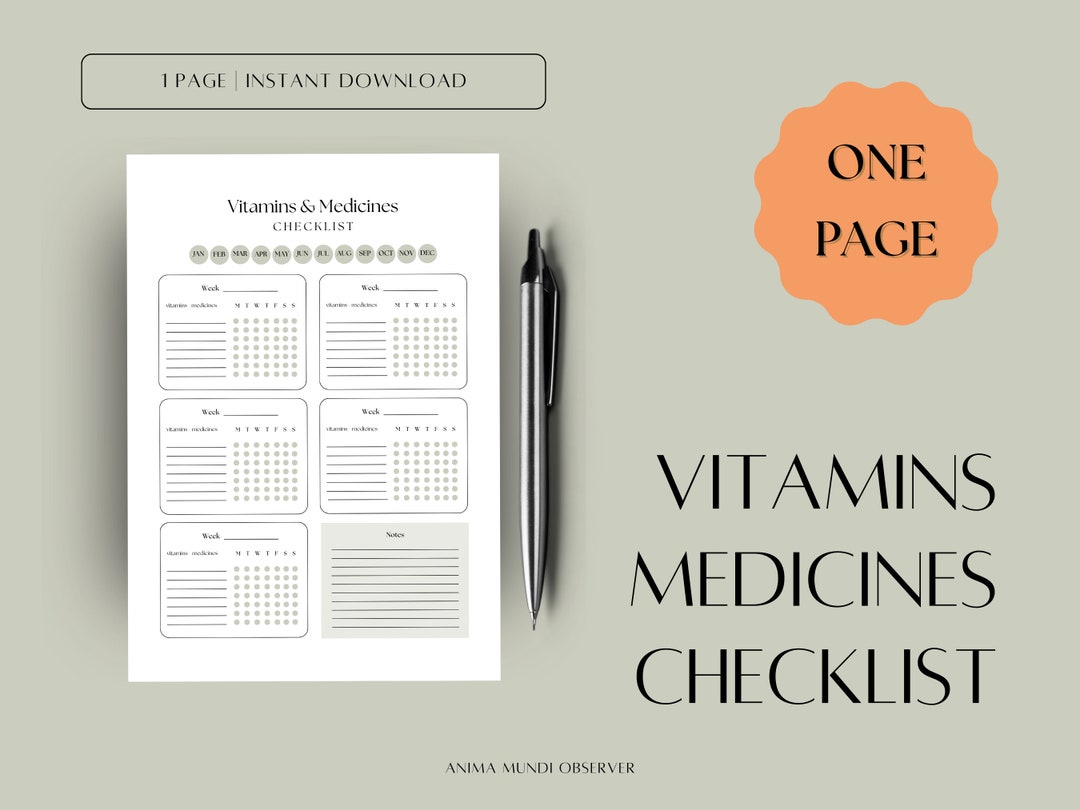 Vitamins & Medicines Checklist, Digital Printable Checklist, Minimalist ...