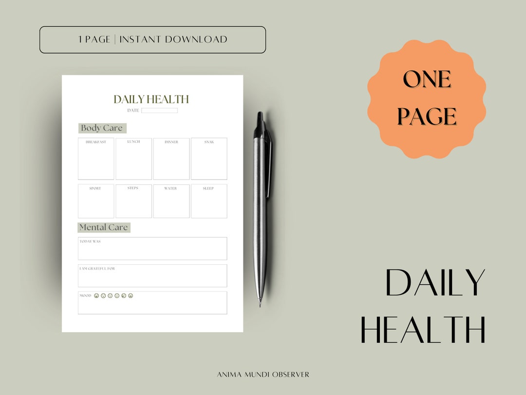 Daily HEALTH Planner, One Page, Digital Printable, Minimalistic, Body ...