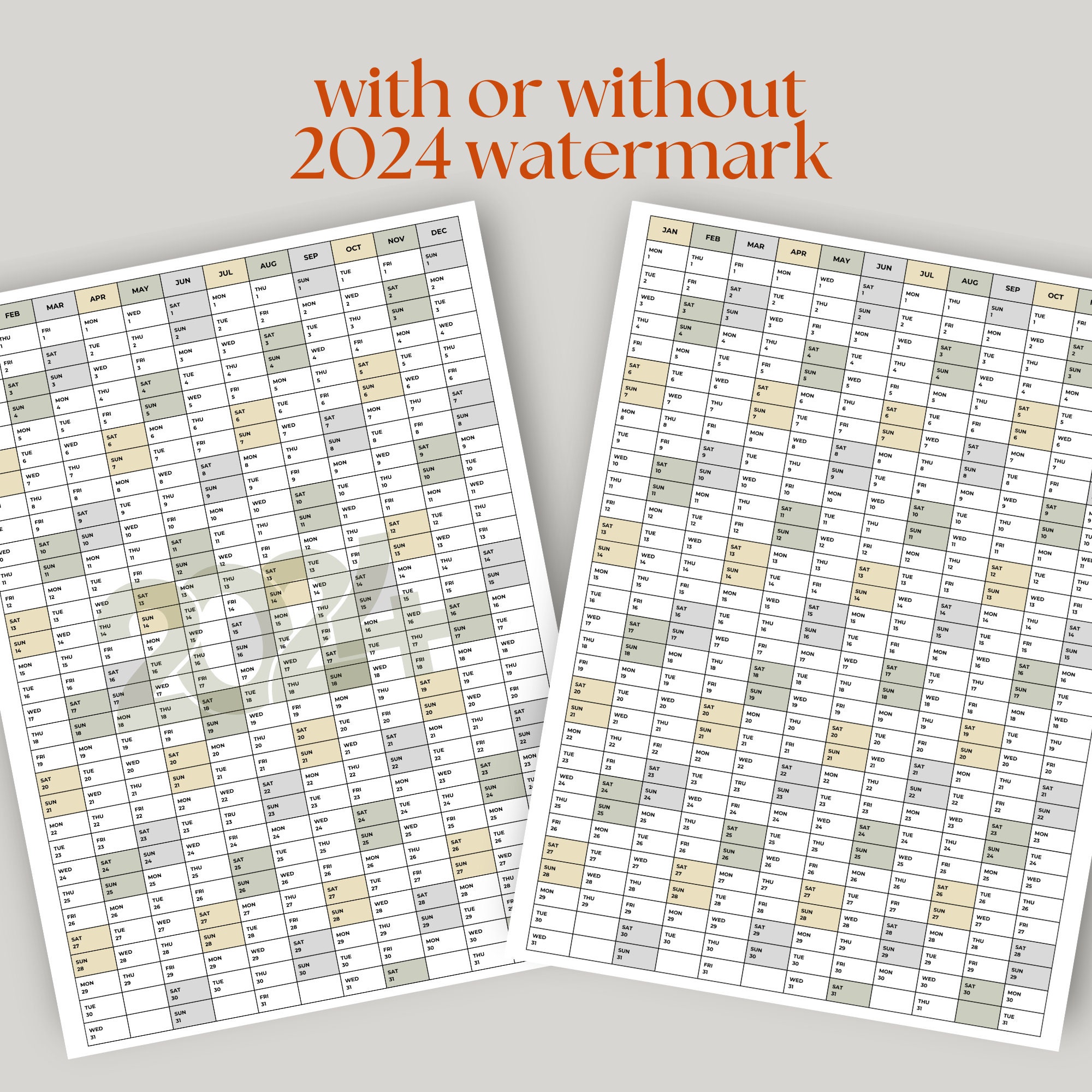 Wall Calendar 2024 Printable 2024 at Glance Weekends Marked Print in a ...