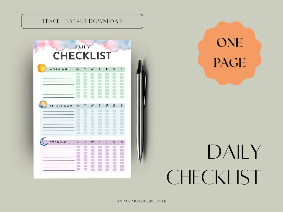 Daily Checklist, Digital Printable Blank Checklist, Colorful ...