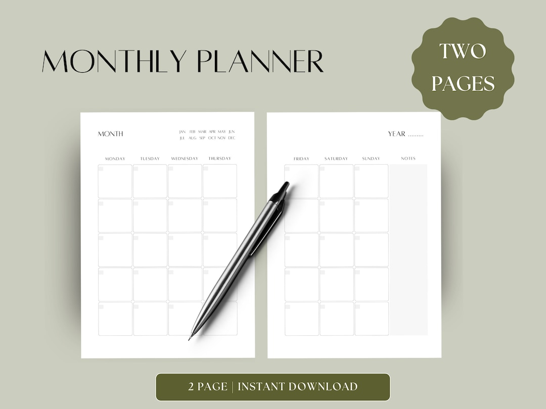 Monthly Planner Printable – Digital Printable PDF – 2-page Monthly ...