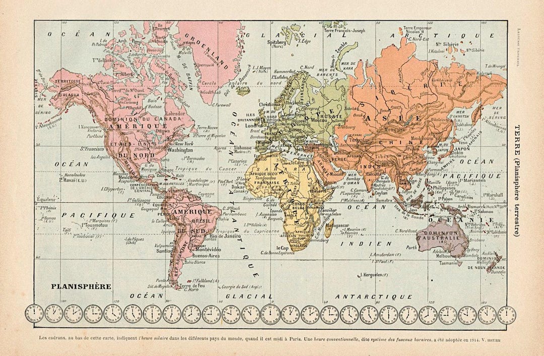 Planisphere World Map Original Antique Engraving 1920 Decoration - Etsy
