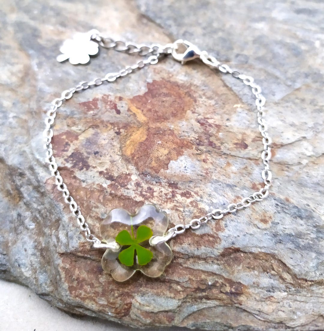 Plant Jewelry Lucky Charm Minimalist Thin Bracelet With Real 4 Leaf ...