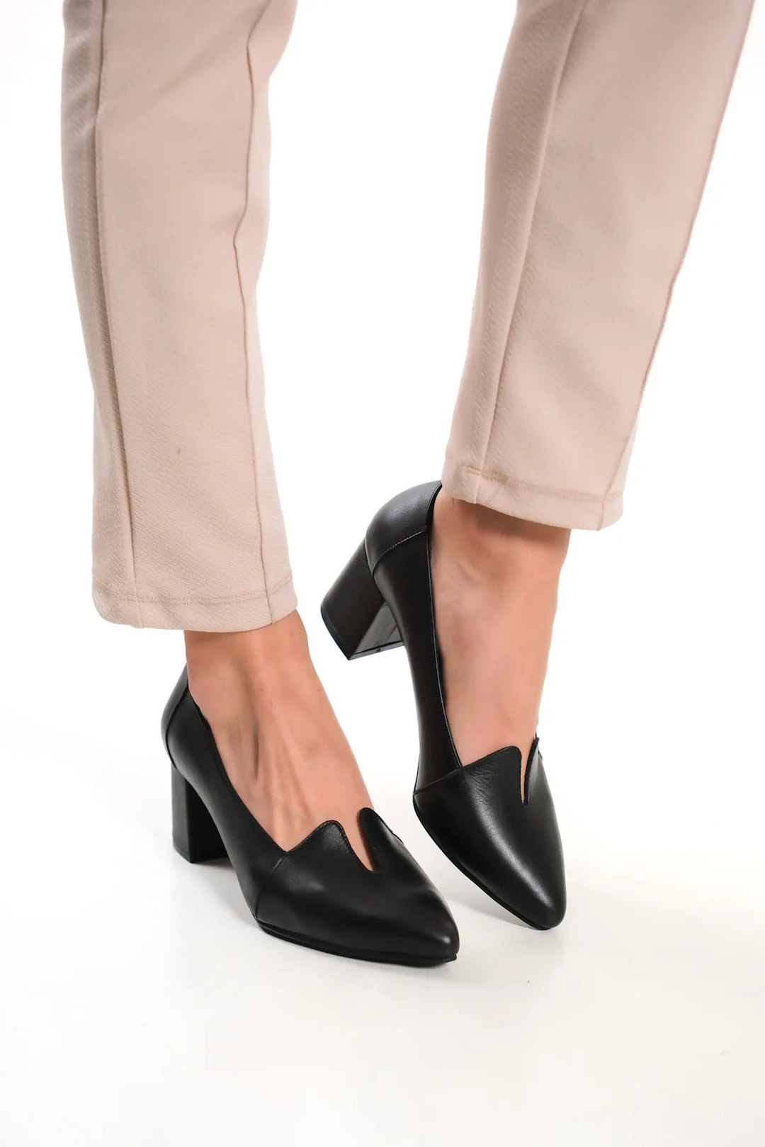 BLACK BLOCK HEELS, Women Genuine Leather Block Low Heels Shoes, Women ...