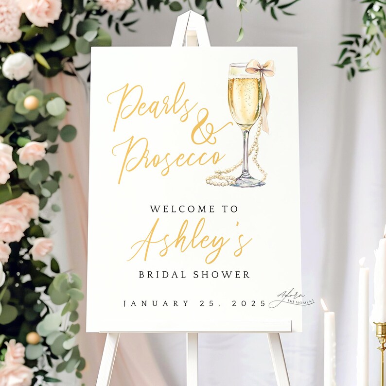 Pearls and Prosecco Bridal Shower Welcome Sign, Coquette Bow Champagne ...