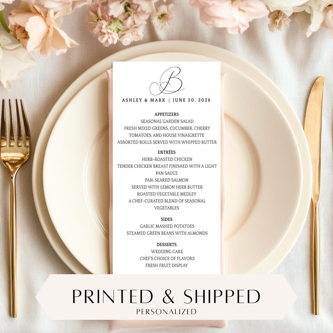 Custom Monogram Wedding Menu Cards, Printed & Shipped, 4x8 Reception ...