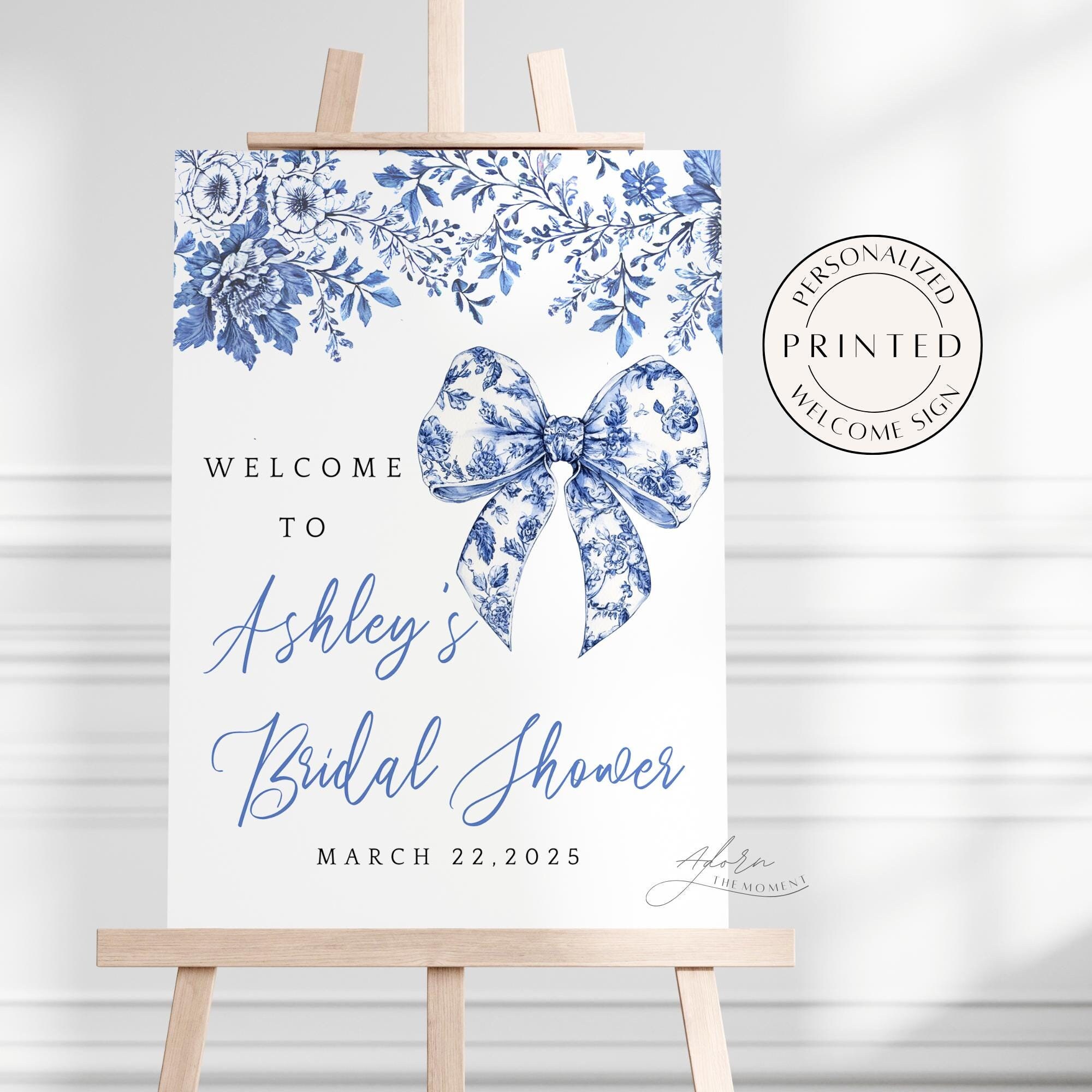 Dusty Blue Toile Coquette Bow Bridal Shower Welcome Sign, Elegant ...