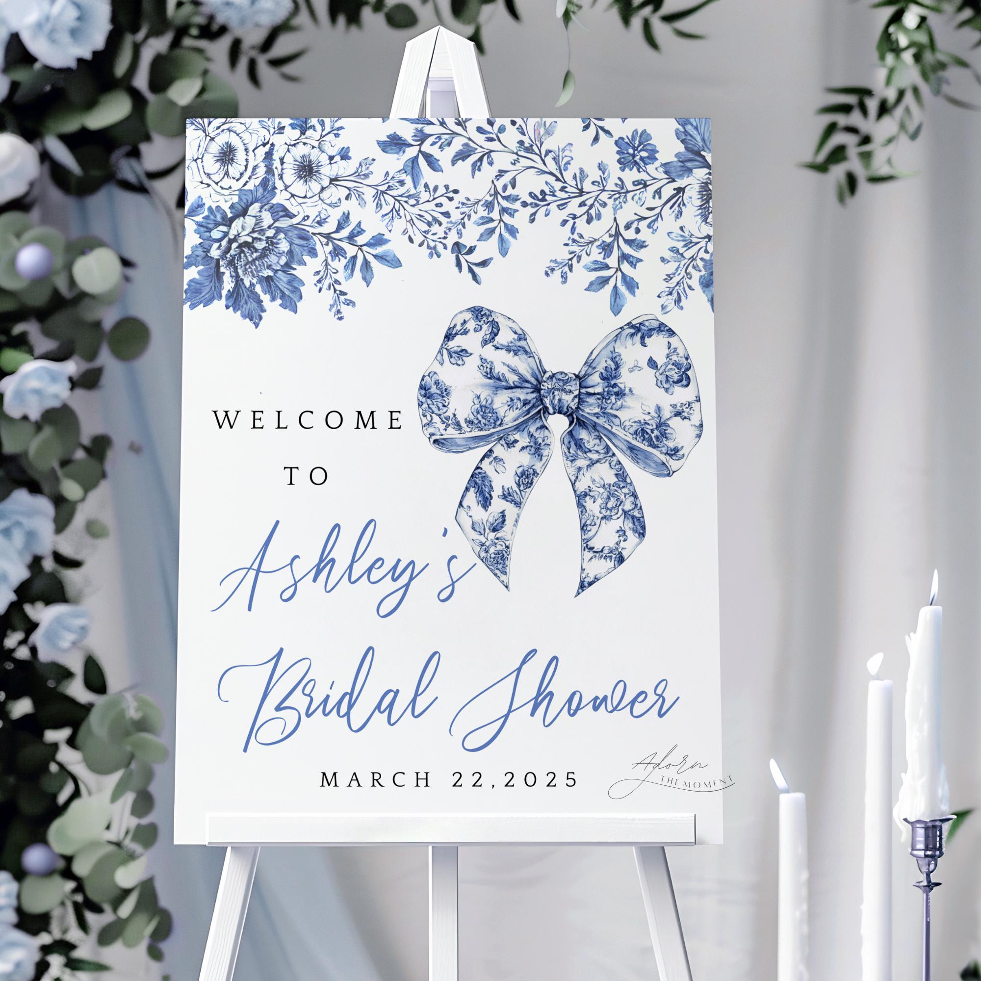 Dusty Blue Toile Coquette Bow Bridal Shower Welcome Sign, Elegant ...