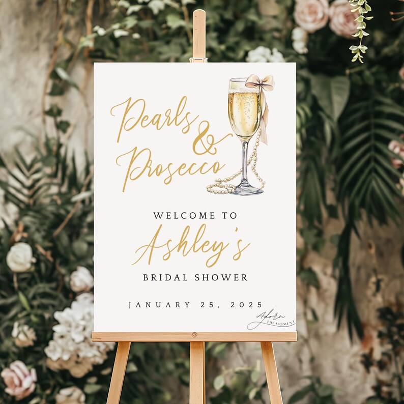 Pearls and Prosecco Bridal Shower Welcome Sign, Coquette Bow Champagne ...