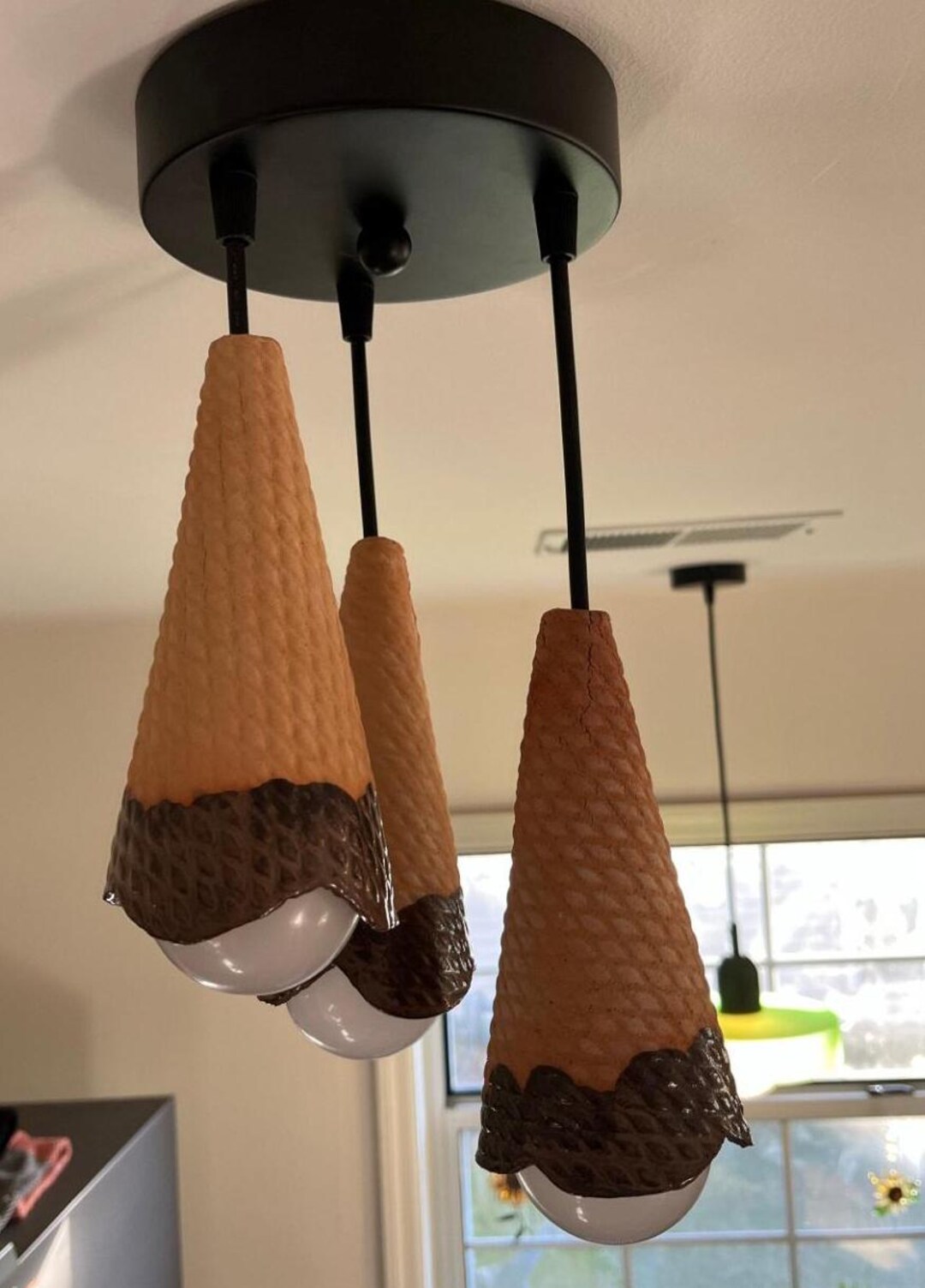 Handmade Ceramic Ice Cream Cone Pendant Lamp: Triple Light Fixture ...