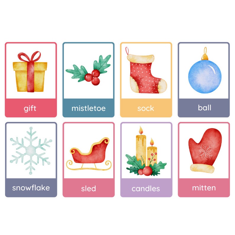 16 Christmas Flashcards for Kids Montessori Pre-school Printable ...