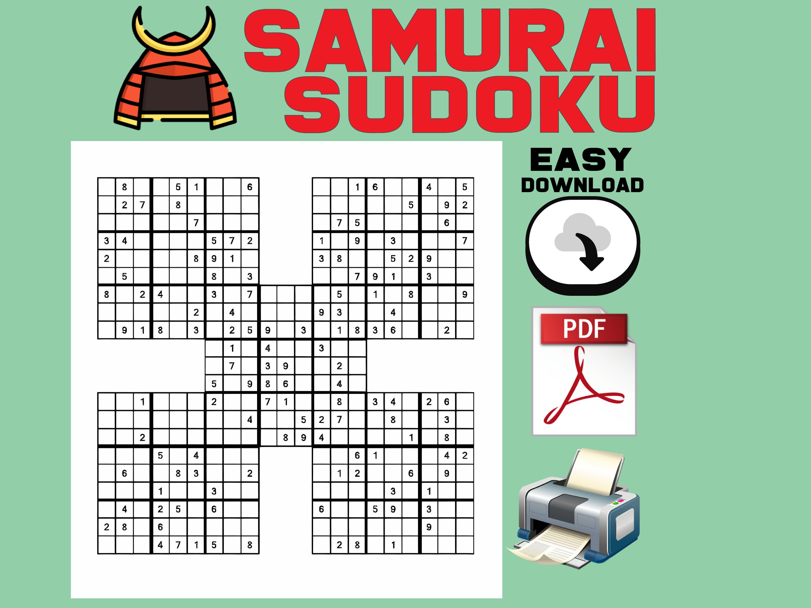 300 Samurai Sudoku Printable Brain Teaser Puzzle Book for Adults ...