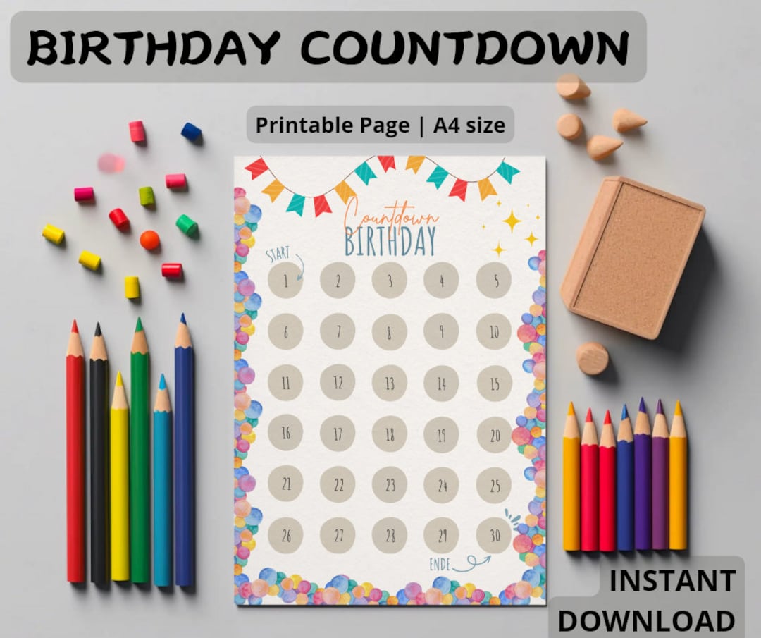 Birthday Countdown Calendar Printable 30 Day Template Birthday ...