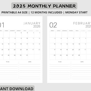 2025 Minimalist Printable Monthly Planner | A4 Size | Monday Start | 12 ...