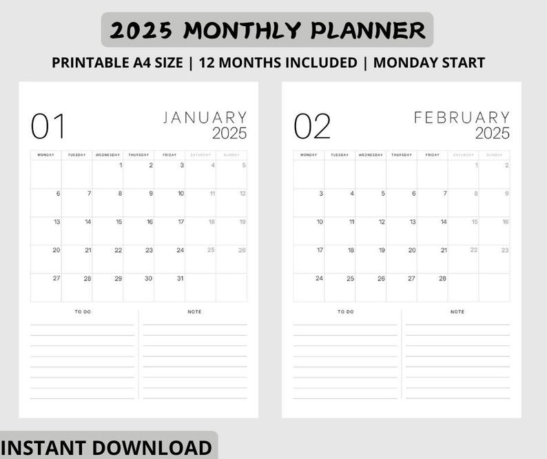 2025 Minimalist Printable Monthly Planner | A4 Size | Monday Start | 12 ...