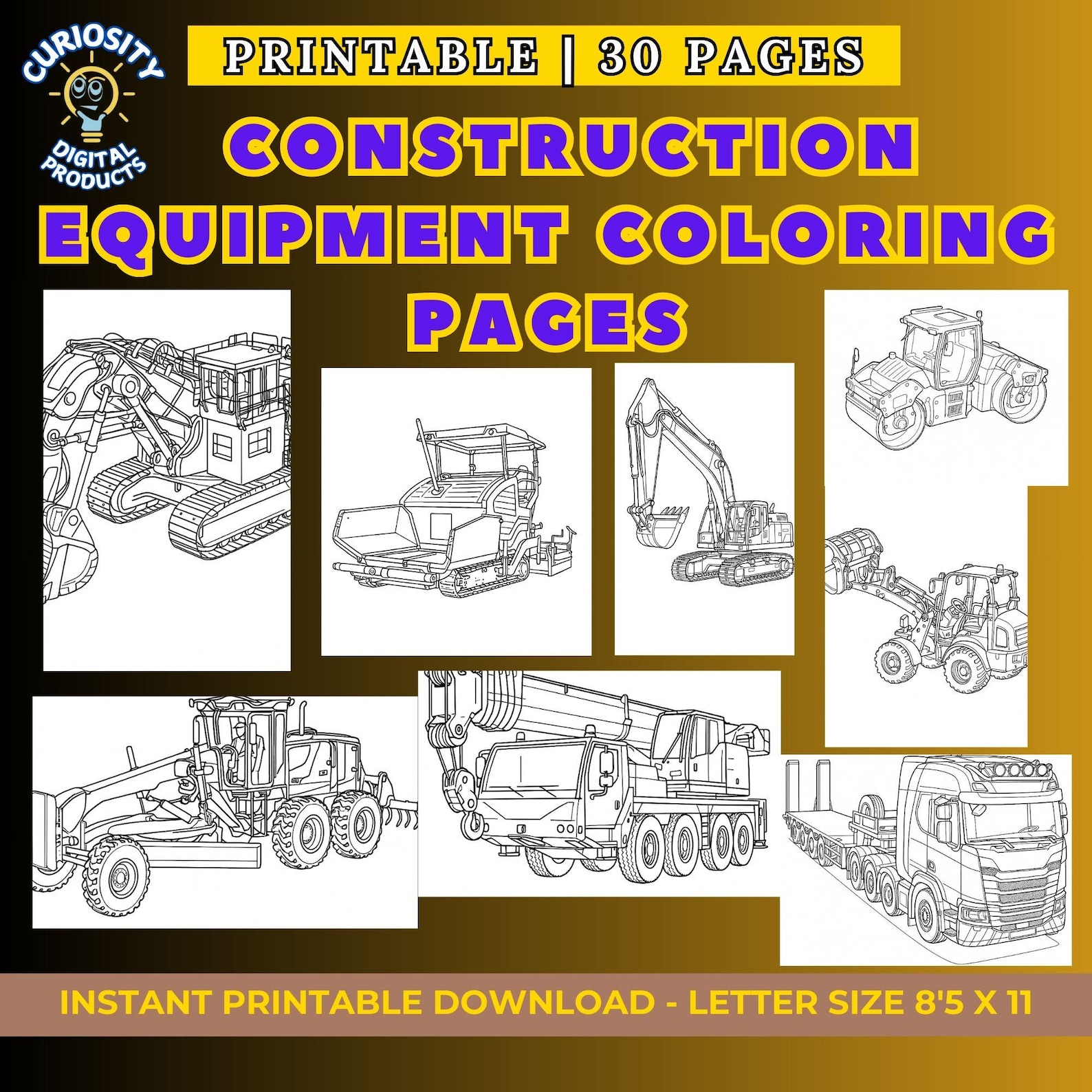 Construction Truck Coloring Page: Dump Truck & Excavator Line Art (PDF ...