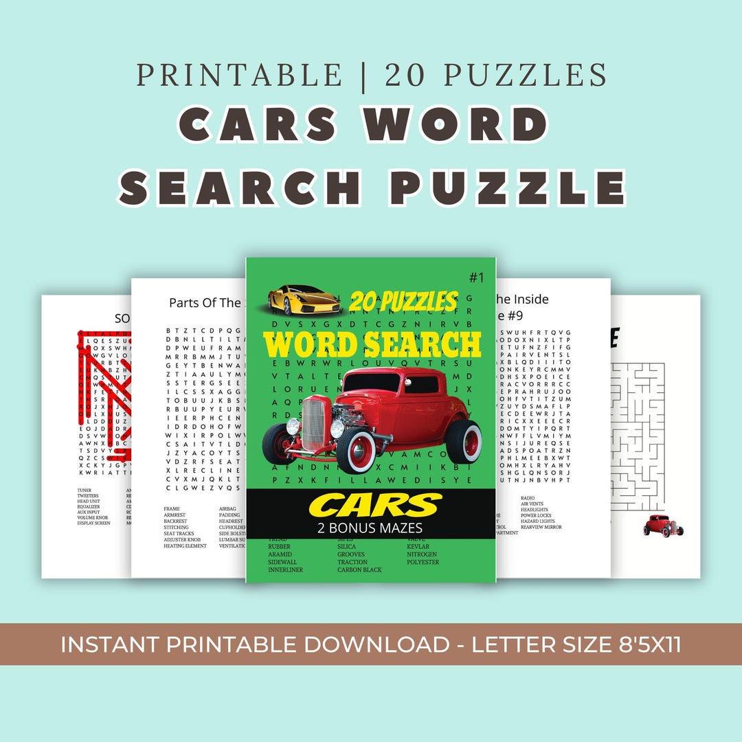 Cars Word Search Puzzle: 20 Printable Games for Kids & Adults (digital ...