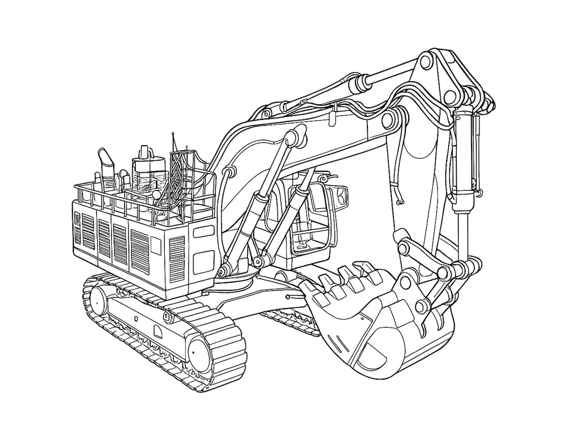 Construction Truck Coloring Page: Dump Truck & Excavator Line Art (PDF ...
