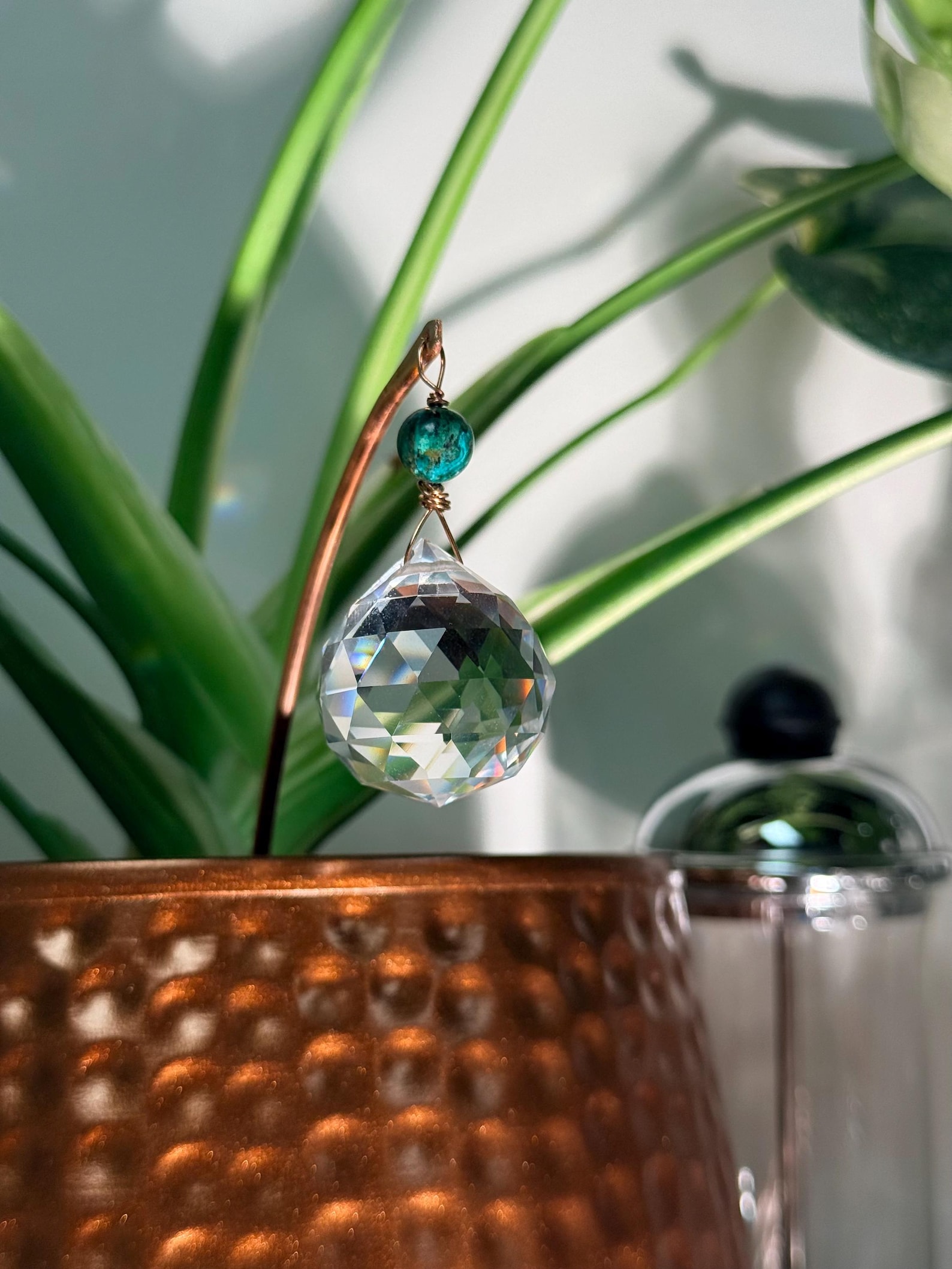 Crystal Prism Plant Stake- Copper & Stone Sun Catcher - Gemstone Boho ...