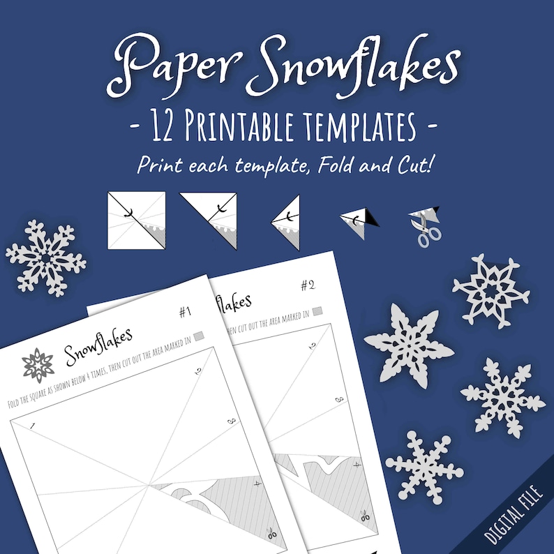 Printable Paper Snowflakes, Digital Download, 12 Designs, PDF Template ...