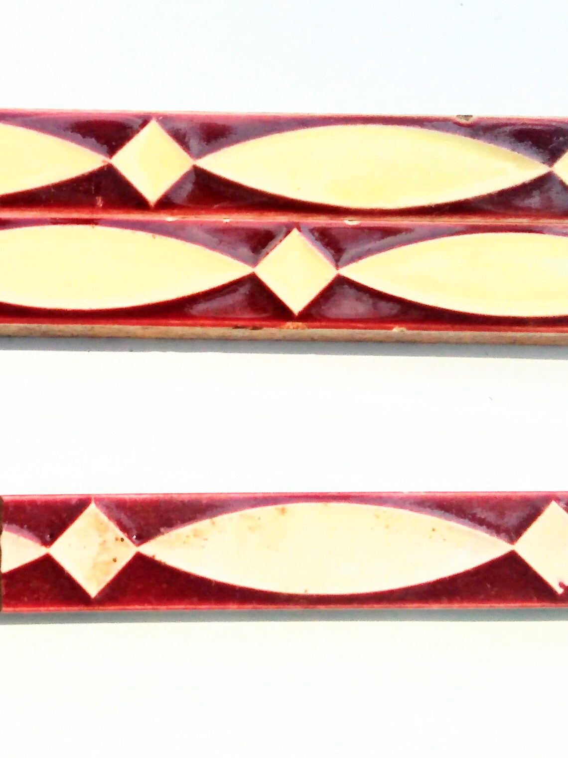 Art Deco Embossed Burgundy Red & Yellow Border Listello Tile Pieces, .5 ...