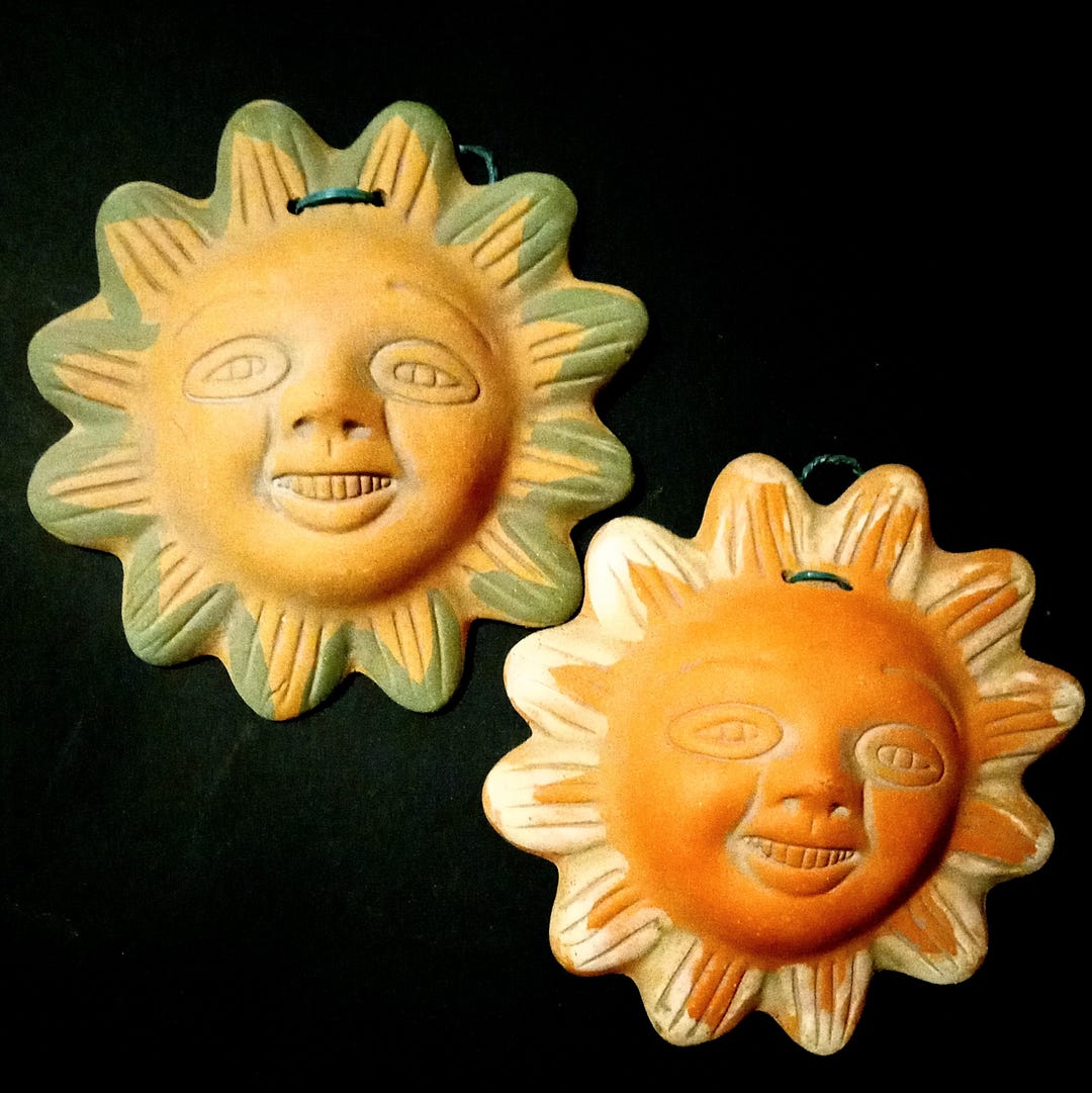 2 Happy, Smiling Sunfaces, 6 1/2" Original Vintage Ceramic Terracotta ...