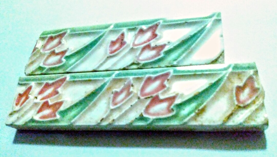 Vintage Ceramic Tile Border Strip, Embossed Floral in Red / Pink ...
