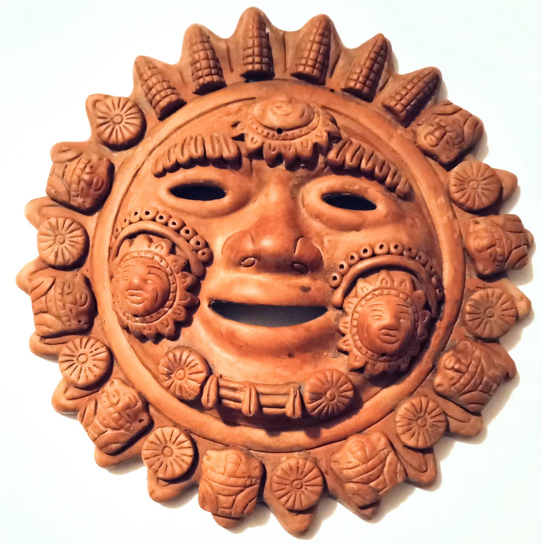 Large Mayan Sun God Mask, 13" Terracotta Sunface, Detailed Sculptural ...