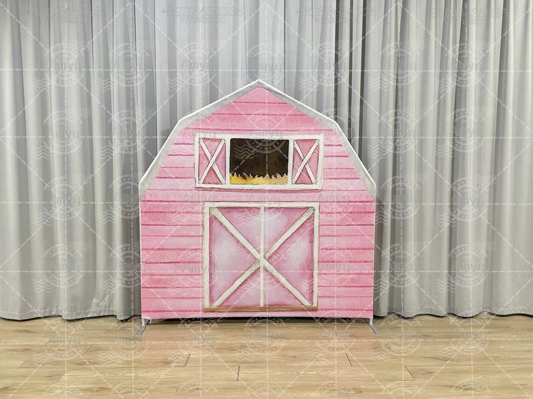 Watercolor Pink Farm Barn Arch Stand Fabric Print House Backdrop Cover ...