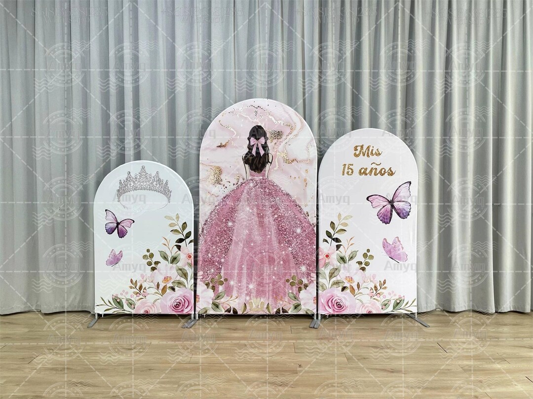 Mis Quince Anos 15th Pink Glitter Quinceañera Arch Backdrop Butterfly ...