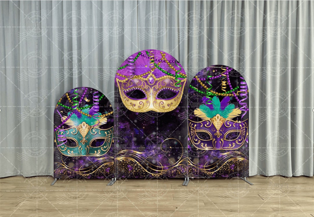 Gold Purple Green Masquerade Ball Arch Backdrop Glitter Mask Carnival ...