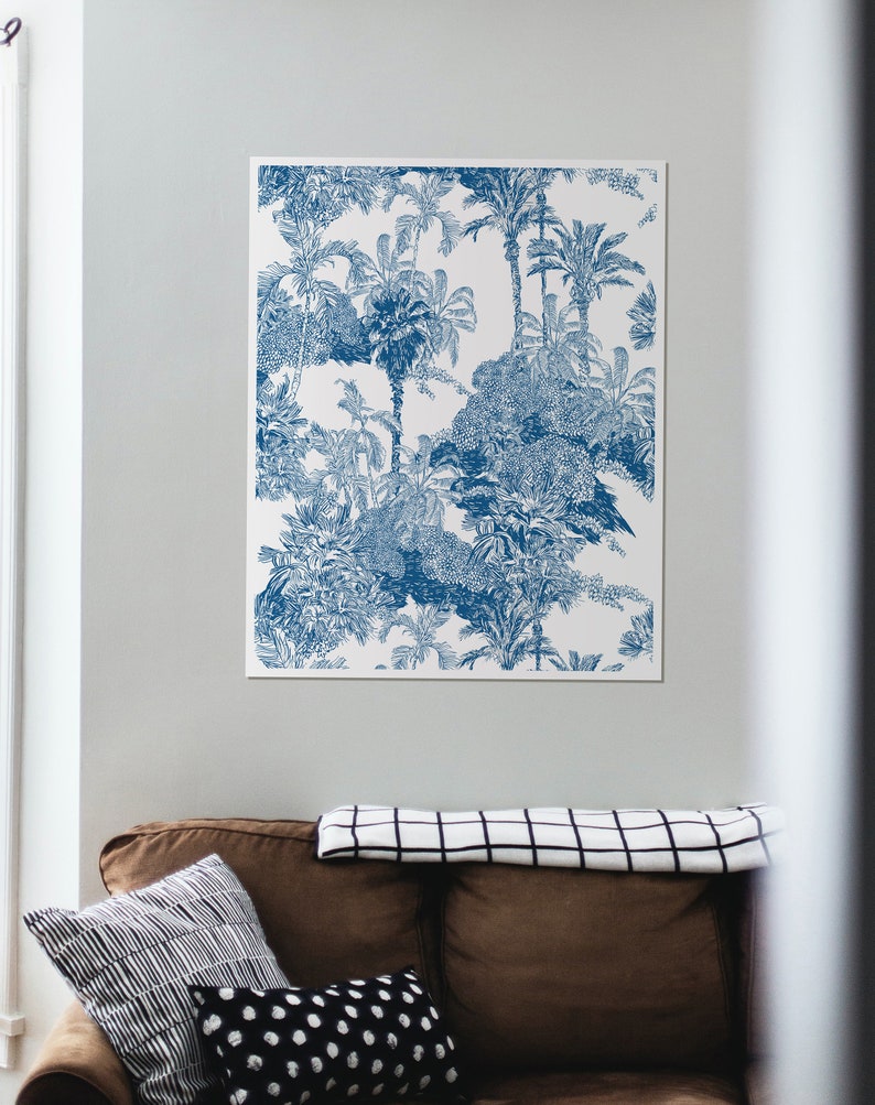 Toile Tropical Poster Blue Forest Jungle Etched Drawing Art - Etsy