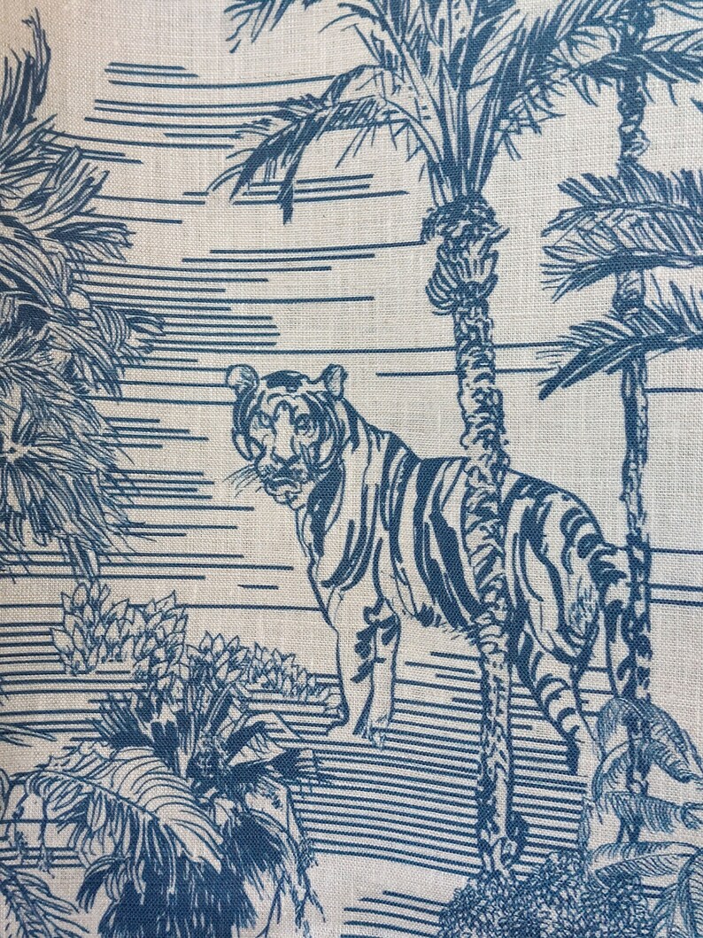 Palms and Tiger Linen Fabric Toile De Jouy Textile Blue and - Etsy