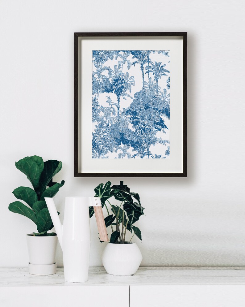 Toile Tropical Poster, Blue Forest Jungle Etched Drawing Art Print ...