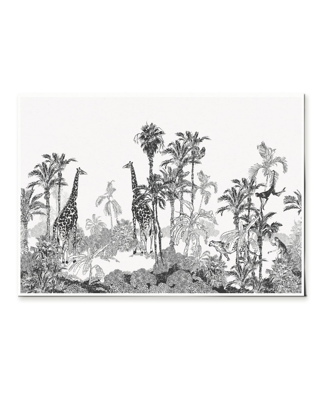 Monkeys, Giraffes in Palms Art Print, Toile Black and White Poster for ...