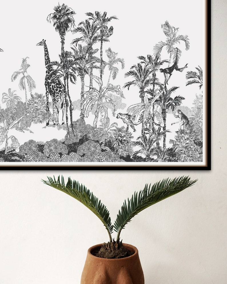 Monkeys, Giraffes in Palms Art Print, Toile Black and White Poster for ...