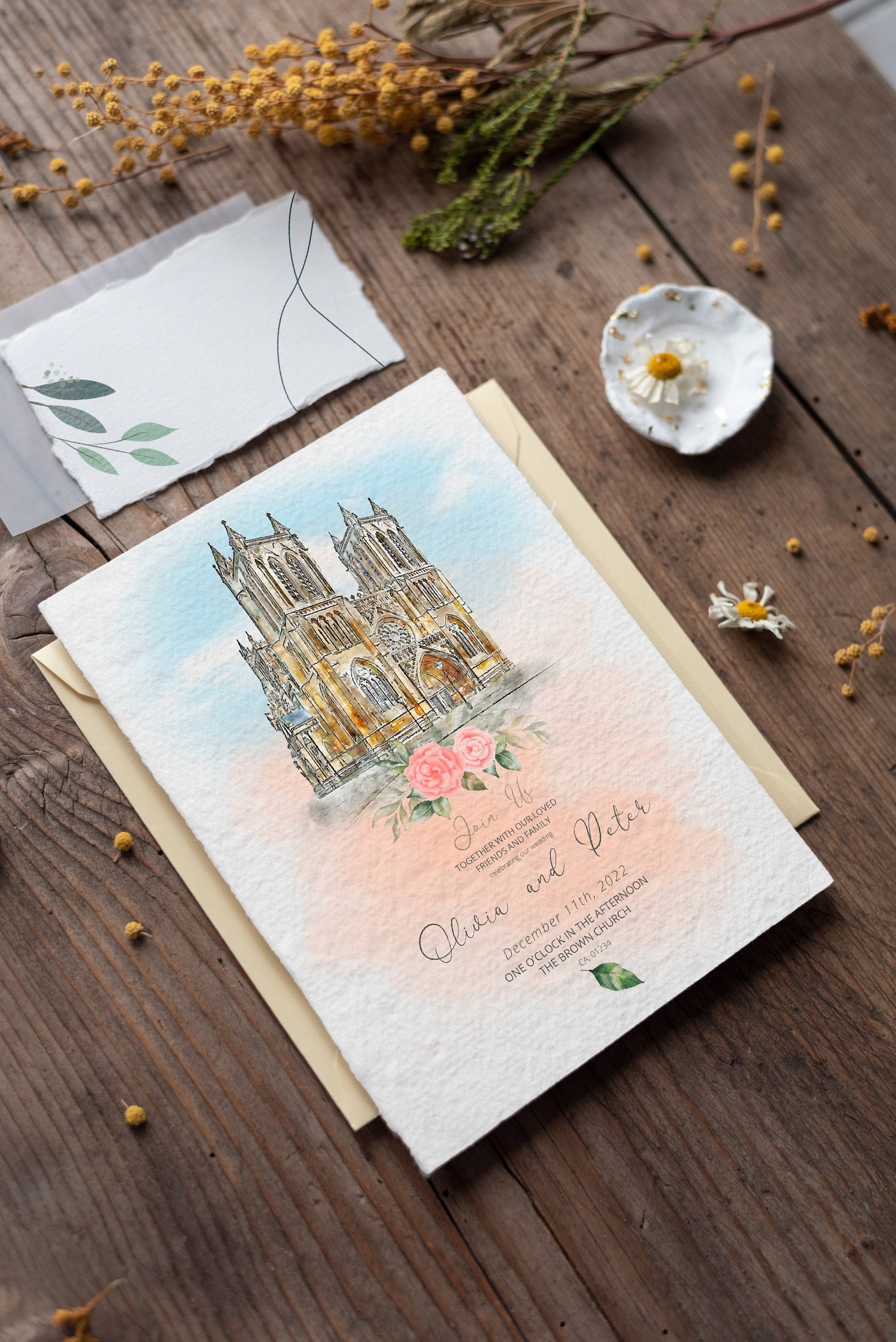 Custom Wedding Venue Invitation Card With Church Portrait, Watercolor ...
