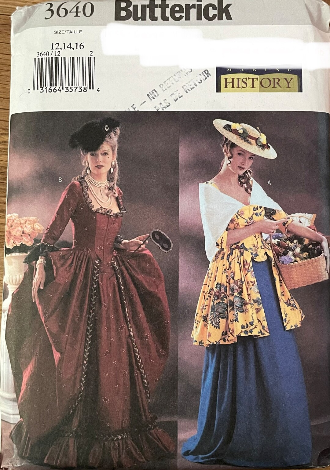 Butterick 3640, Size (6-10)/(12-16), 18th Century Dress, Women’s Uncut ...