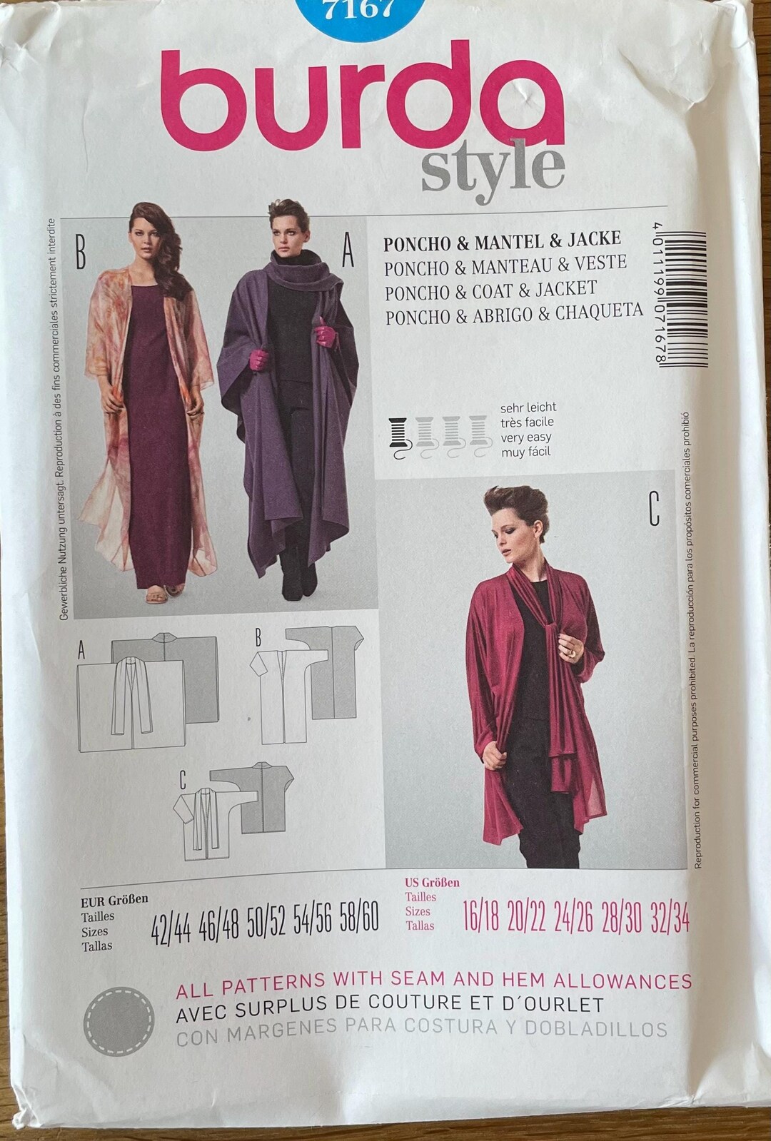 Burda 7167, Size (16-34), Poncho Coat and Jacket, Women’s Uncut Sewing ...