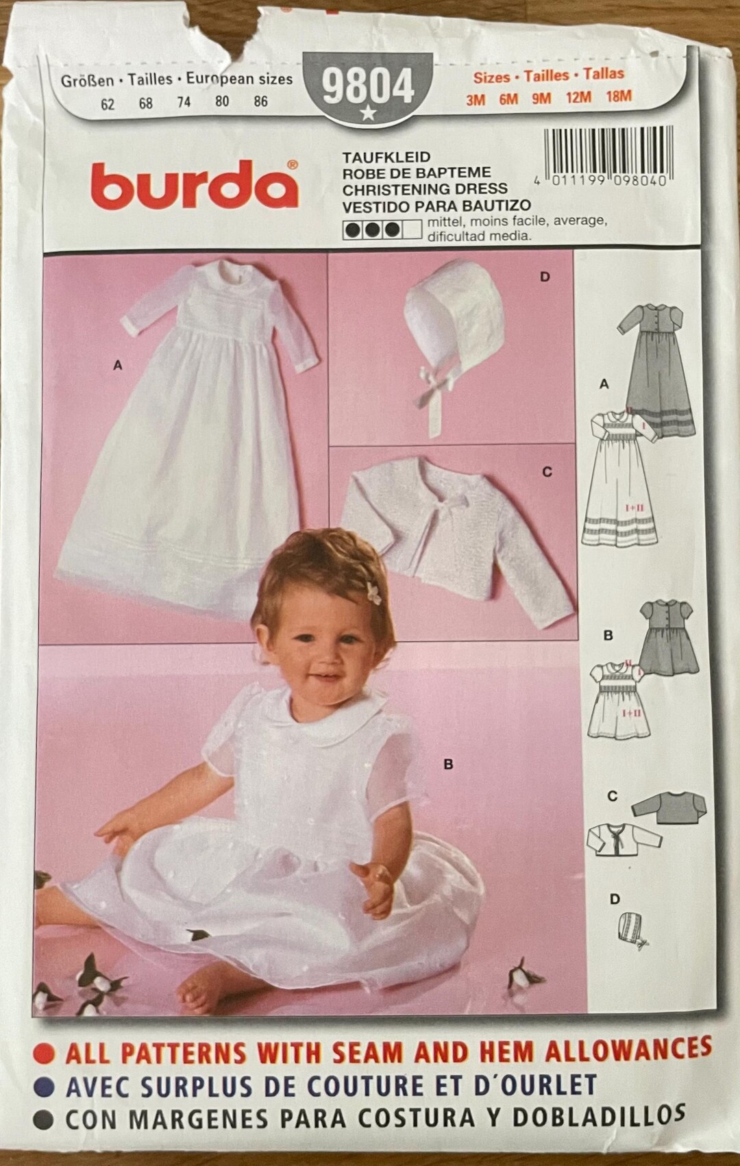 Burda 9804, Size 3M-18M, Babies s Christening Gown, Uncut Sewing ...