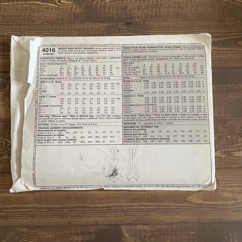 Mccalls Pattern 4016 / Womens Size EE 14-16-18-20 / Petite Dresses ...