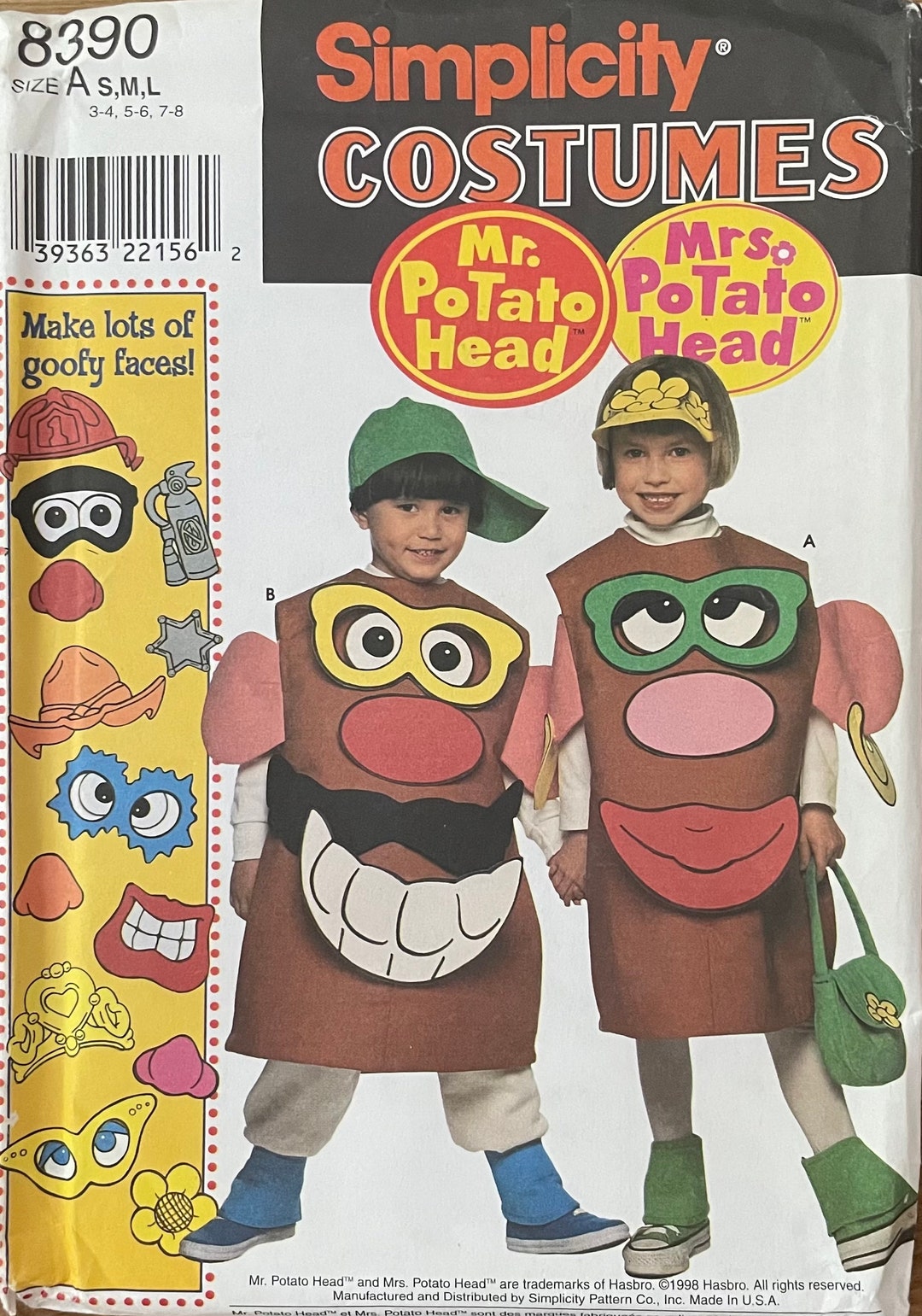 Simplicity 8390/0667, All Size Costume, Mr and Mrs Potato Head, Childs ...
